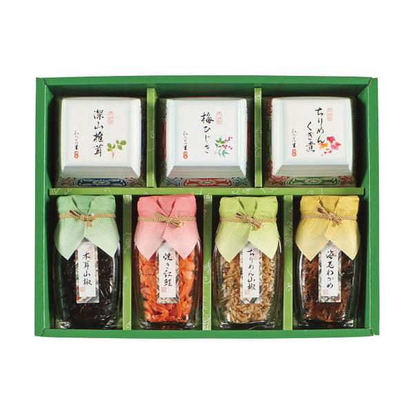 ちりめん山椒30g、焼き紅鮭43g、木耳山椒55g、海老わかめ65g、ちりめんくぎ煮50g、梅ひじき50g、深山椎茸60g■箱サイズ:29.6×22.7×5.7【用途】引出物 結婚祝 出産祝 仏事 快気 新築 記念 贈答 お返し お祝い 香...