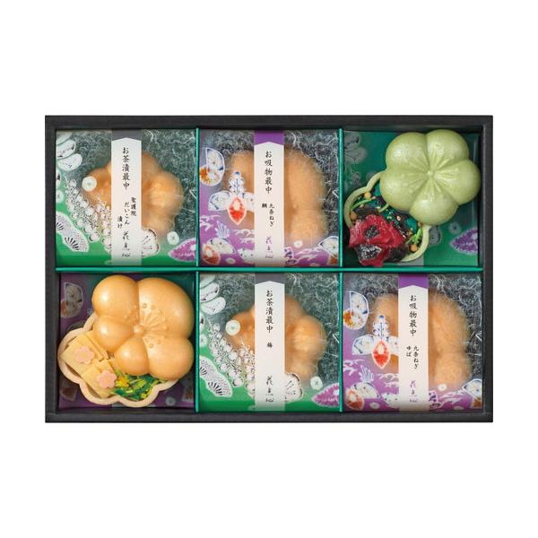 香ばしい最中種に滋味調整した具材を合わせたお茶漬と京野菜お吸物の詰合せ。お茶・お湯を入れるだけで簡単に上品な京風お茶漬・お吸物になります。■お茶漬(賀茂なすしば漬け・聖護院だいこん漬け・梅×各1)、お吸物(九条ねぎ(ゆば)×2、九条ねぎ(鯛...