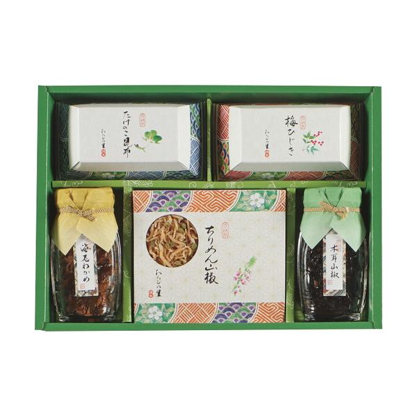 粒の揃った色合いの良いちりめん山椒を中心に京都らしい上品な味わいを詰め合わせた一品です。■ちりめん山椒40g、海老わかめ65g、木耳山椒55g、たけのこ昆布50g、梅ひじき50g■箱サイズ:29.6×21.4×5.7【用途】引出物 結婚祝 ...
