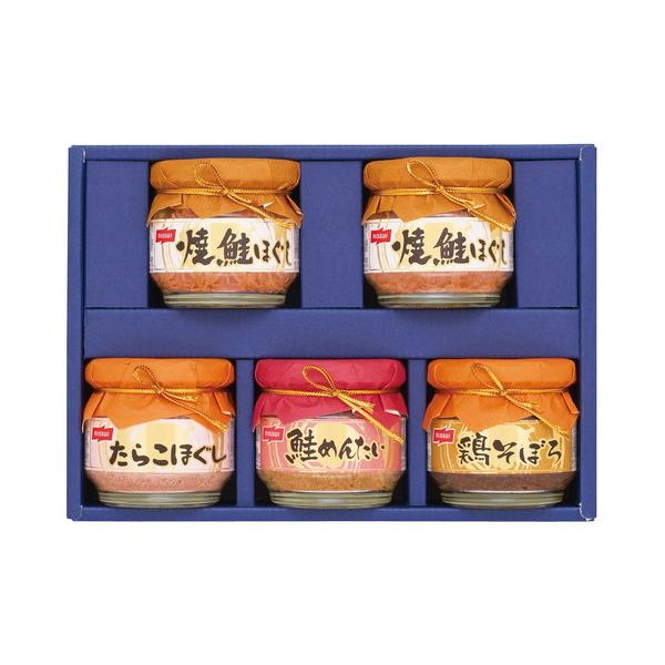 定番のかに缶とごはんによく合うびん詰のアソートセットです。■(焼鮭ほぐし×2・たらこほぐし・鶏そぼろ・鮭めんたい)各50g  【小麦】■箱サイズ:箱169×239×74mm【用途】引出物 結婚祝 出産祝 仏事 快気 新築 記念 贈答 お返し...