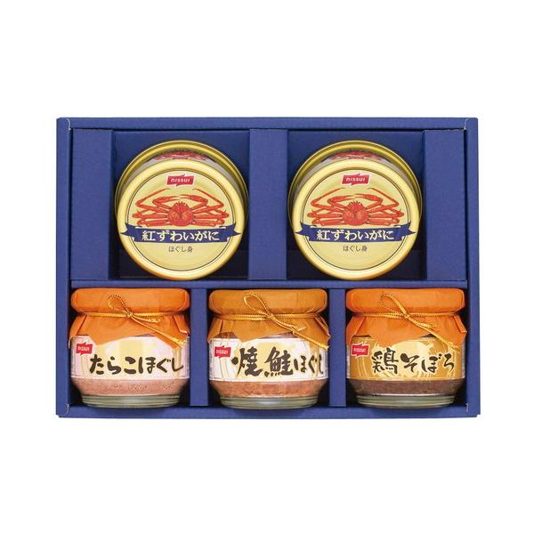定番のかに缶とごはんによく合うびん詰のアソートセットです。■紅ずわいがにほぐし身55g×2、(焼鮭ほぐし・鶏そぼろ・たらこほぐし)各50g  【小麦・かに】■箱サイズ:箱169×239×74mm【用途】引出物 結婚祝 出産祝 仏事 快気 新...