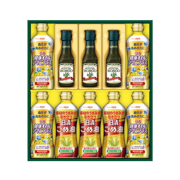 健康への特別な心遣いが届く逸品ギフト。■(健康オイルアマニプラス×4・こめ油×3)各350g、ボスコエキストラバージンオリーブオイル140g×3■箱サイズ:箱425×379×65mm【用途】引出物 結婚祝 出産祝 仏事 快気 新築 記念 贈...