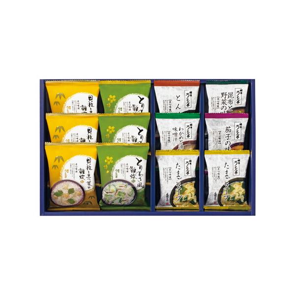 素材と味付けにこだわって、香り立つ美味しさをそのままパックしました。どなたに贈っても喜ばれるフリーズドライのギフトです。■(貝柱と三つ葉の雑炊・とりわさ風雑炊)各3、たまごスープ×2、とん汁、昆布と野菜の味噌汁、わかめと油あげの味噌汁、茄子...