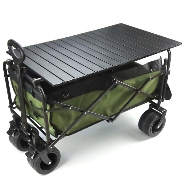 商品仕様：■カラー：オリーブグリーン/ブラック■収納容量：約230Ｌ 耐荷重：200kg 本体重量：12kg 。■展開後サイズ：80-115×46×51cm 折り畳みサイズ：24×59×74cm。■テーブル（スタンド含）サイズ：87×53×...