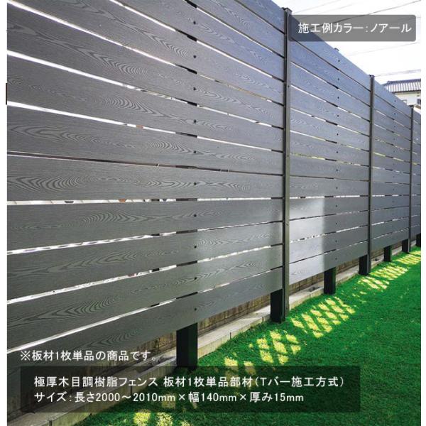 【樹脂フェンス板材1枚単品部材】板材仕様：板幅140mm、長さ2000mm〜2010mm、板厚15mm。板材の十分な厚み、天然木のような美しい木目模様が特徴。別途Tバーセットなどが必要です。