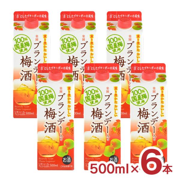 甘さ控えめでブランデーの余韻がいい梅酒。冷やしてストレート、ロック・冬はホットもおすすめ。商品名：清洲桜醸造 楽園梅酒 パック 500ml セット内容：500ml×6本総容量：3,000ml原材料：梅（国産）、醸造アルコール、ブランデー、糖...