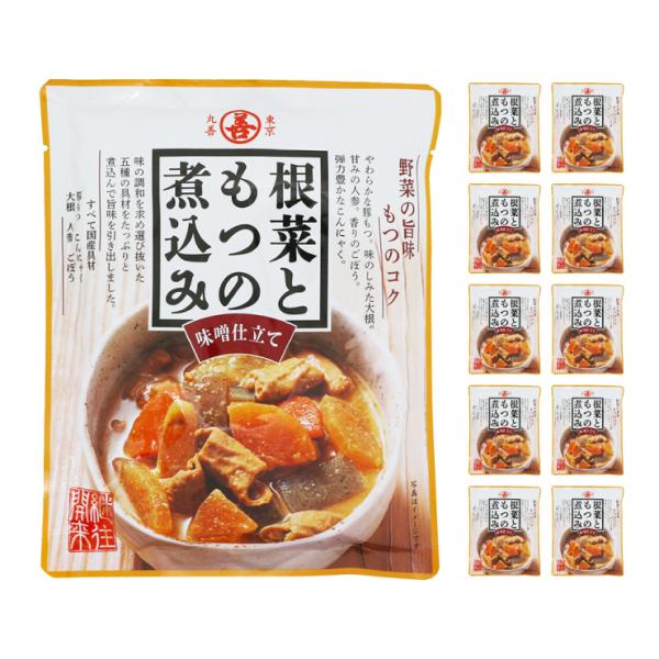 ５種の具材がたっぷり入った具だくさんのもつ煮込です。商品名：根菜ともつの煮込み 360g内容量：360g×10袋原材料：ゆで豚もつ(国内製造)、野菜(大根、人参、ごぼう)、こんにゃく、みそ、香辛料、醸造調味料、還元水あめ、砂糖、しょうゆ、ポ...