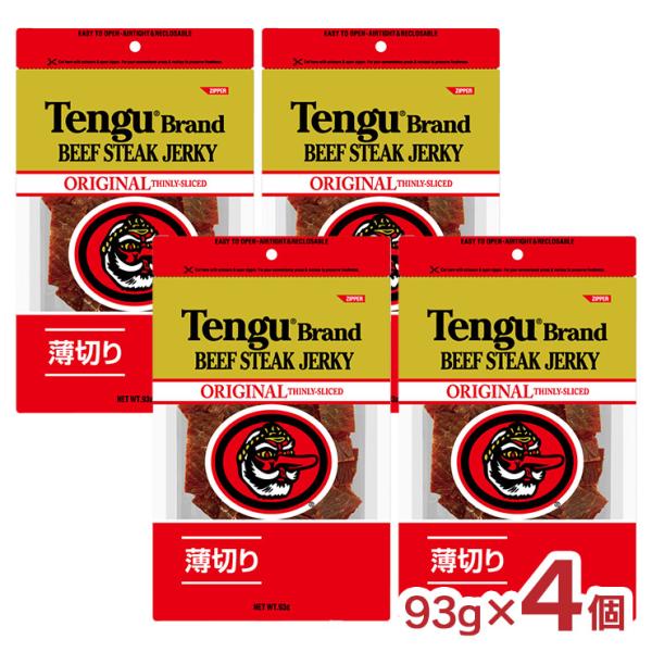 肉の旨味を極めたトップブランド商品説明名称：テング ビーフステーキジャーキー オリジナル 薄切りタイプ 93g内容量：93g×4個総容量：372g原材料：牛肉原産国：日本賞味期限：製造日より270日商品コメント：厳選されたステーキ用牛もも肉...