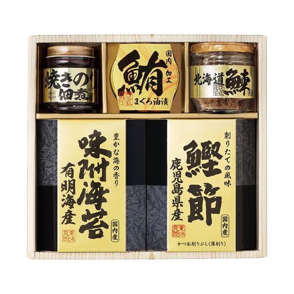 北海道産の鮭フレーク、小豆島で製造された焼き海苔入りの佃煮、鹿児島県産鰹節など選りすぐりの逸品を詰合せた和風ギフトです。■北海道産鰊フレーク50g・焼きのり佃煮85g各1瓶・鰹削り節(2g×3袋)・有明海産味付け海苔(8切10枚)各1箱・ま...