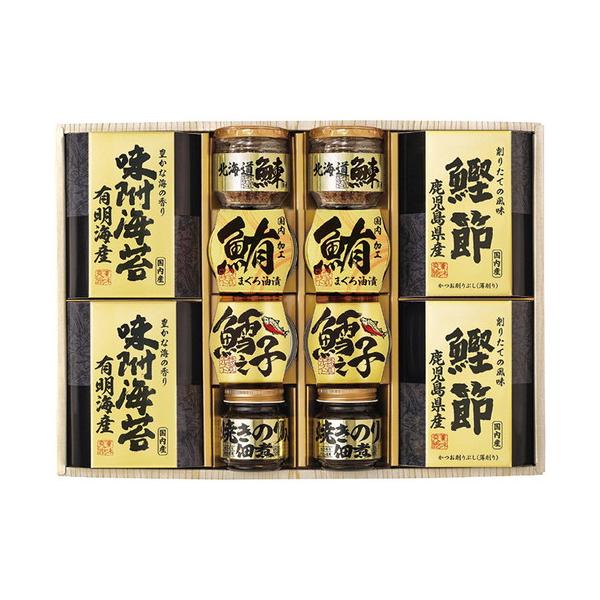 北海道産の鮭フレーク、小豆島で製造された焼き海苔入りの佃煮、鹿児島県産鰹節など選りすぐりの逸品を詰合せた和風ギフトです。■北海道産鰊フレーク50g・焼きのり佃煮85g各2瓶・鰹削り節(2g×3袋)・有明海産味付け海苔(8切10枚)各2箱・ま...