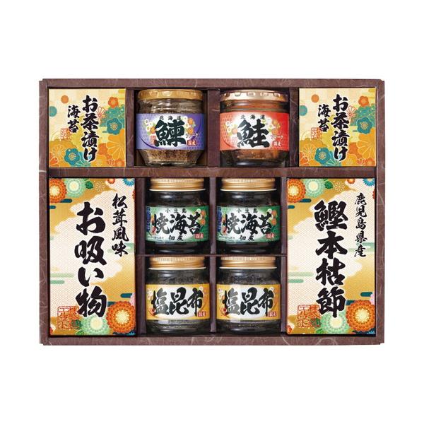 和食ならではの繊細な味を詰合せた食卓にあると嬉しいギフトセットです。突然の来客にも重宝します。■焼海苔佃煮85g・塩昆布18g各2瓶・鰊フレーク50g・鮭フレーク40g各1瓶・永谷園お茶漬け海苔(4.7g×2袋)2箱・鰹本枯節(2.5g×3...