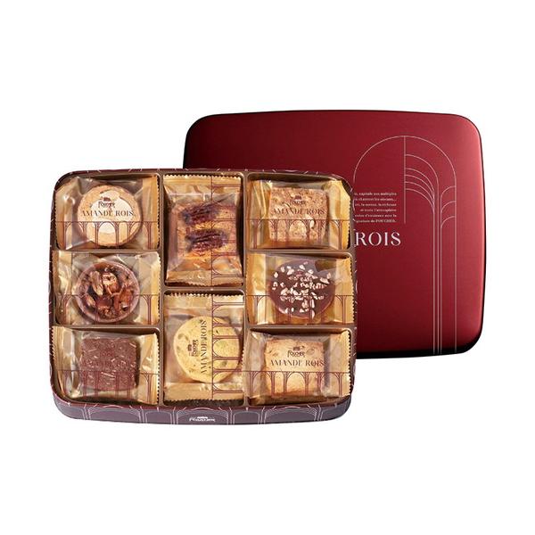 フーシェのベストセラー「アーモンドの王様」という名のクッキー。アーモンドを中心にナッツの魅力をたっぷりに仕上げたクッキー缶です。■アーモンドペカン・タルトフロランタン・アーモンドクリームサンド・ピスタチオ各2個・ヘーゼルナッツ・アーモンドマ...