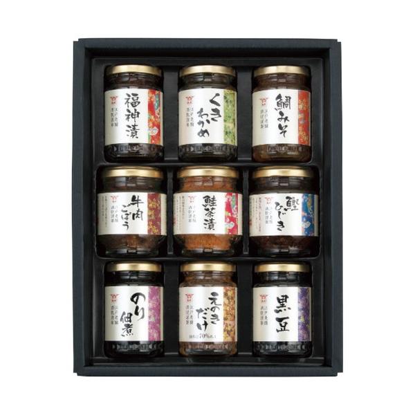 山の幸・海の幸をふんだんに詰合せました。■福神漬90g・くきわかめ75g・鯛みそ100g・鰹ひじき40g・鮭茶漬60g・牛肉ごぼう55g・のり佃煮95g・えのきだけ90g・黒豆100g各1瓶■箱サイズ:23.7×7×29.3cm【用途】引出...