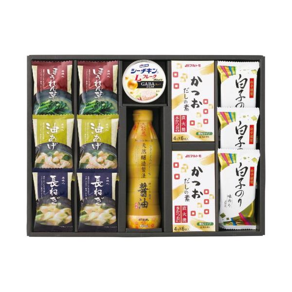 お湯を注ぐだけでできる本格的なお味噌汁に、和の食材、調味料をセット。■フリーズドライ味噌汁(油あげ7.2g・ほうれん草6.2g・長ねぎ6.3g)・マルトモかつおだしの素(4g×6個)各2個・伊賀越天然醸造醤油450ml×1本・白子のり味のり...