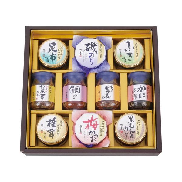 四季折々の海の幸、山の幸を風味豊かな佃煮にしました。素材の良さを大切に、丹精込めたびん詰の詰合せです。真心こめた贈り物にどうぞ。■昆布佃煮(70g)・磯のり(90g)・ふき佃煮(50g)・椎茸ふくめ煮(85g)・梅かつお(90g)・黒毛和牛...