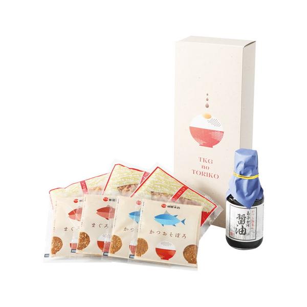 かつお節屋こだわりの玉子かけ専用醤油と、そぼろふりかけ、かつお節をセットにした究極の玉子かけご飯セット。■かつおそぼろ(5g)・まぐろそぼろ(5g)×各2、花削り(3g)×3、だししょうゆ(145ml)×10■箱サイズ:約280×100×5...