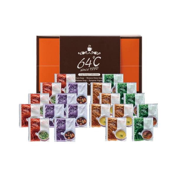 64℃ スープギフトのこだわり。64℃ スープギフトは、スープを飲む時に温かくおいしく感じられ、体をあたためます。おいしいスープをご賞味ください。■コーンスープ・中華わかめスープ・洋風オニオンスープ・欧風野菜スープ×各50■箱サイズ:約12...
