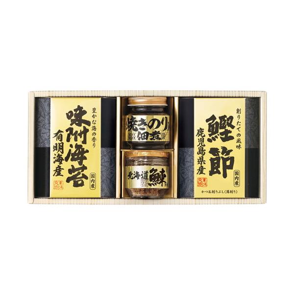 シリーズ累計販売250万セット突破!北海道産の鰊フレーク、小豆島で製造された焼海苔の佃煮、有明海産の味付け海苔など選りすぐりの逸品を詰合せた和風ギフトです。■北海道産鰊フレーク50g・焼きのり佃煮85g・鹿児島県産鰹節(2g×3)・有明海産...