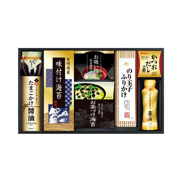 使いやすい卓上サイズの天然醸造しょうゆをメインに海苔やふりかけ、お茶漬けなどを詰合せた和の味が楽しめるギフトです。■島の香のり佃煮80g・有明海産味付け海苔(3切4枚)・永谷園お吸い物松茸風味(2.3g×4)・永谷園お茶づけ海苔(4.7g×...