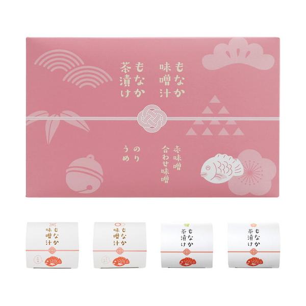 ふっくら可愛い鯛型もなかで、それぞれ2種類のお味噌汁とお茶漬けを包みました。思わずほっこりする贈りものです。■もなか味噌汁(赤味噌・合わせ味噌)各11.5g、もなか茶漬け(のり・うめ)各9.5g■箱サイズ:19.2×6.2×13【用途】引出...