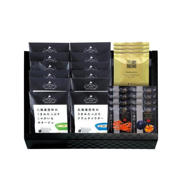 北海道の旨味たっぷりグルメ北海道の厳しい環境の海で育んだ昆布の旨みをベースに、さまざまな野菜の特徴・旨みをいかしたスープと、北海道帆立干し貝柱のだしが特徴の「極だし」、風味そのままうにとずわいがにのふりかけセットです。■北海道昆布うまみたっ...