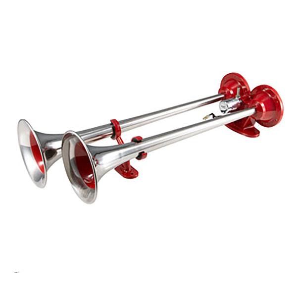 ■ツインビックホーン■製品特徴○ステンレス製２４V車用ビックホーン登場○乾いたようなサウンドをお楽しみくださいす■長さ 大約640mm　小約580mm■材質　ホーン：ステンレス　本体：スチール■付属 取付用ボルト＆ナット、台座クッション■メ...