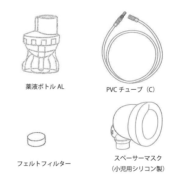 ＜セット内容＞薬液ボトルAL　1個PVCチューブ（C）　1本フェルトフィルター　1個スペーサーマスク（小児用シリコン製）　1個＜適合機種＞ユーロゾル、ソフィオ