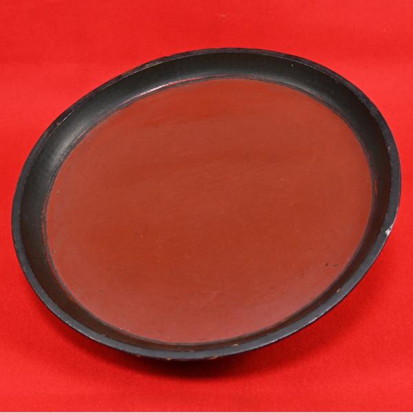 時代 朱漆塗 丸盆 / 古民芸 酒器盆 矢部盆 脚付 根来 刳り貫き盆 我谷盆 花台 古材 オブジェ【華芳】