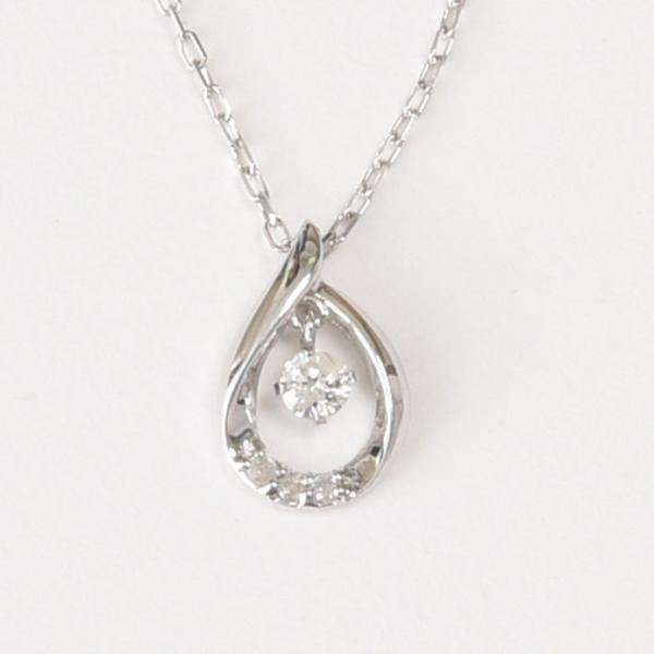 品名 ：K10WG ダイヤモンドネックレス素材 ：Ｋ10ＷＧ使用石： 天然ダイヤモンド4石　計0.07ｃｔサイズ： 6ｍm×11ｍｍネックレス：アズキチェーン40ｃｍ刻印 ：Ｋ10ＷＧ　0.07コメント：中石がゆらゆら揺れてとてもかわいい