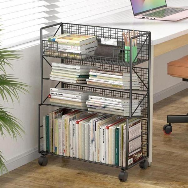 本棚 収納棚 ブックシェルフ デスクサイド本棚 キャスター付き スリム ファイルワゴン 本立て 大容量 教科書 漫画 雑誌収納 学校/オフィス用 Black