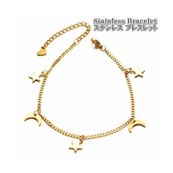 【Stainless Bracelet】ステンレス ブレスレット人気のステンレス製ブレスレットムーン（月）とスター（星）のチャームが付いたブレスレットテールのハートのチャームも可愛いカラーがゴールドのブレスレットです。☆☆☆☆☆☆ 商品詳細...