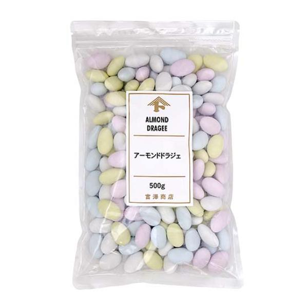ホワイト、ブルー、イエロー、ピンク4色の糖衣掛けをしたアーモンドです。