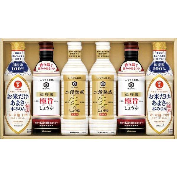 製造元：キッコーマン食品株式会社内容詳細：超特選二段熟成生しょうゆ 450ml×2本、超特選極旨しょうゆ 450ml×2本、お米だけのあまさの本みりん 450ml×2本