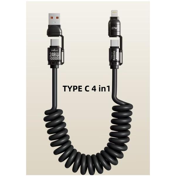 4in1 スプリングケーブル 2m USB-A+USB-C to USB-C+Lightning USBケーブル 充電 データ転送 PD240W 480Mbps 急速充電 伸縮 iPhone Android スマートフォン PC タブレット...