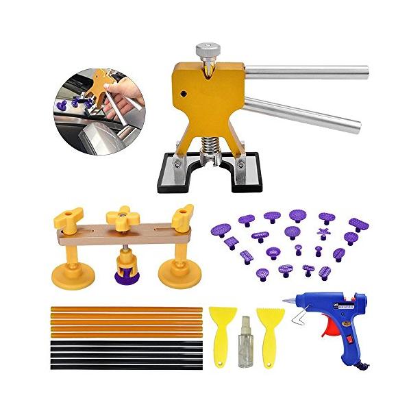 セット内容：デントリフター*1、タブ*24、グルースティック（0.7*27cm）*10、シャベルｘ2、プラスチック瓶ｘ1、作業指示書*1です。応用範囲：ボディ＆フェンダー補修ツール、車＆バイクの凹み直しです。または冷蔵庫、洗濯機などの凹みを...