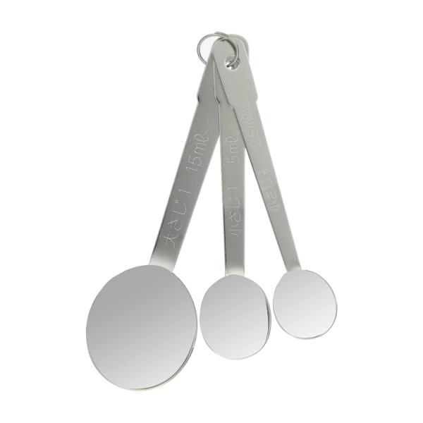 大さじ(15ml)スプーン、小さじ(5ml)スプーン、小さじ1/2(2.5ml)計量スプーンの3本セット。バラバラにならないリング付。衛生的なステンレス製。■製品スペックサイズ：(約)大/全長17×幅5cm、中/全長15×幅3.3cm、小/...