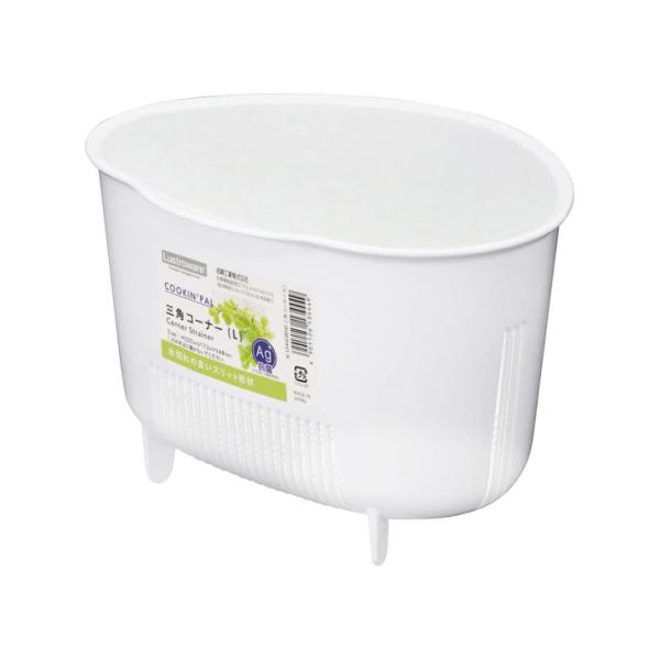 大きめのシンク用三角コーナーです。水切れの良いスリット形状。抗菌加工で雑菌の繁殖をおさえます。■製品スペックサイズ：約22×17.3×14.8cm(横幅×奥行×高さ)材質：ポリプロピレン原産国：日本＜おすすめポイント＞白 シンプル ベーシッ...