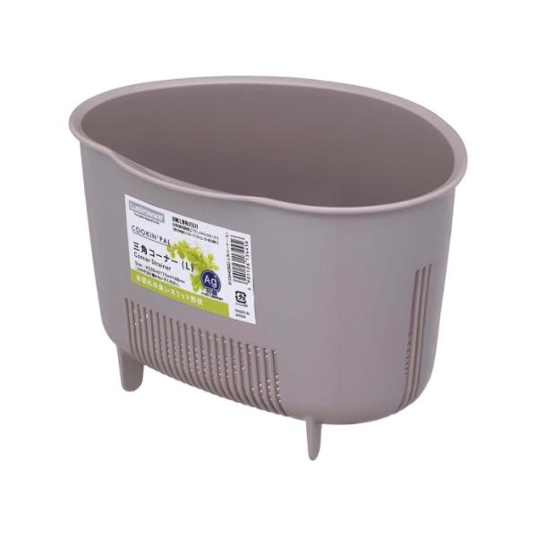 大きめのシンク用三角コーナーです。水切れの良いスリット形状。抗菌加工で雑菌の繁殖をおさえます。■製品スペックサイズ：約22×17.3×14.8cm(横幅×奥行×高さ)材質：ポリプロピレン原産国：日本＜おすすめポイント＞ベージュグレイ グレー...