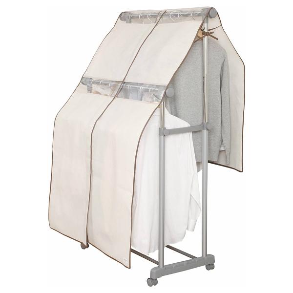 ハンガーラックに掛けた衣類をホコリから守ります。衣類を出し入れしやすい、片面中央開き式です。ハンガーラックダブルバータイプにご使用いただけます。幅90cm・120cm・130cmの兼用タイプです。※幅90cmの場合は、本体カバーのみ使用して...