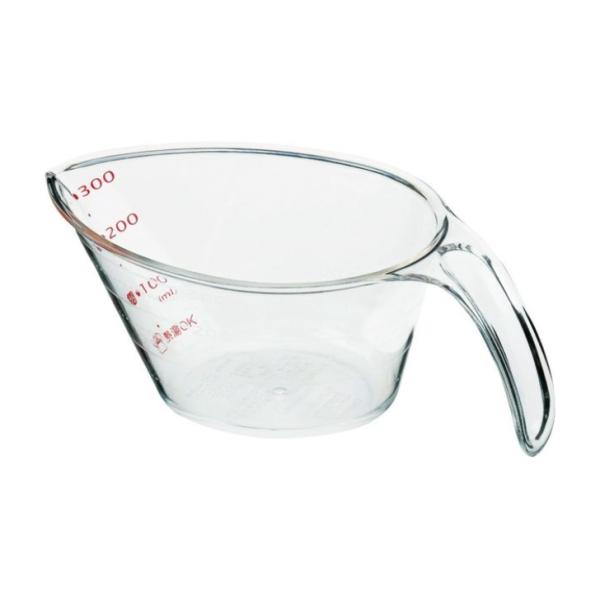 上から目盛りが見える計量カップ。広口で混ぜやすく注ぎやすい形状。浅型なので洗いやすい。熱湯OK。■製品スペックサイズ：約10.2×17.3×6.2cm(横幅×奥行×高さ)容量：350ml材質：AS樹脂製造：日本＜おすすめポイント＞カップ 計...