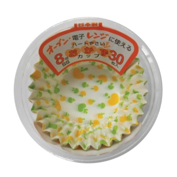 かわいいハートやさい柄のおかずカップです。2色のアソートです。電子レンジ・オーブンの使用ができます。■製品スペックサイズ：約5×5×2.5cm材質：PBT樹脂、紙入数：30枚日本製＜おすすめポイント＞お弁当カップ おかず入れ おかずケース ...