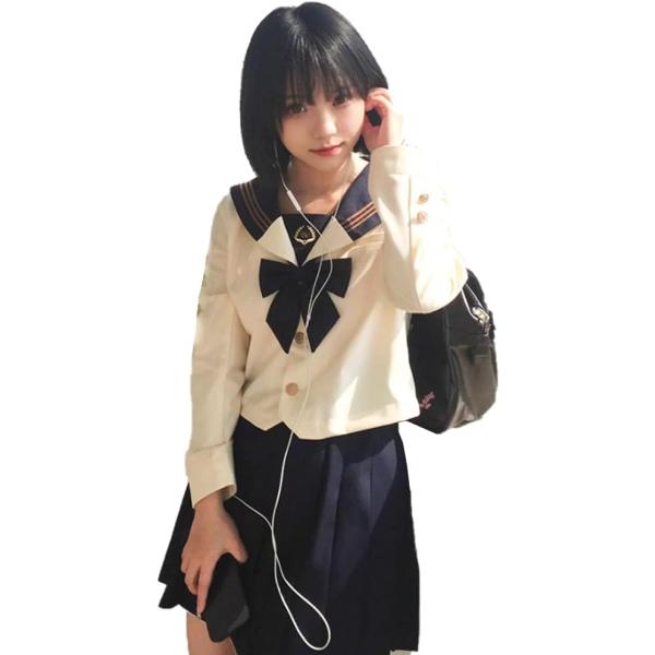 ?セット内容：トップス+プリーツスカート+蝶結び＋靴下。ポリエステルというものは、ソフトと耐用性ある素材です。?かわいい：長袖のセーラー服は、胸元に可愛らしい刺繍の柄が施されており、JK/ロリータファッションの愛好家に人気があります。袖口に...