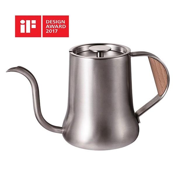 「iFデザインアワード2017受賞」プロスペックの本格ドリップポット■ウェーブカット■一体成型の本体■低重心のフタ■天然木のハンドル実容量：750ml重量（約）：0.38kg材質：ステンレス