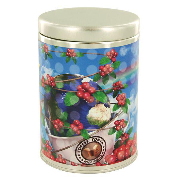 問屋カップや地球が描かれたデザインの缶キャニスターです。シッカリとした密閉度が売りです！当店の焙煎したて珈琲は、是非この缶で保存を！缶サイズ：直径95mm×高さ138mm（コーヒー豆で約２９０ｇ入ります）