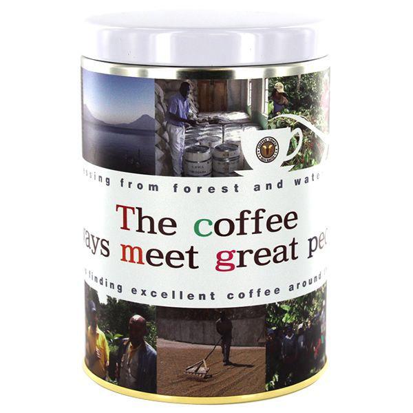 珈琲問屋 オリジナル缶 【ＭｙCoffee 時計】シッカリとした密閉度が売りです！ 当店の焙煎したて珈琲は、是非この缶で保存を！缶サイズ：直径95mm×高さ138mm（コーヒー豆で約２９０ｇ入ります）