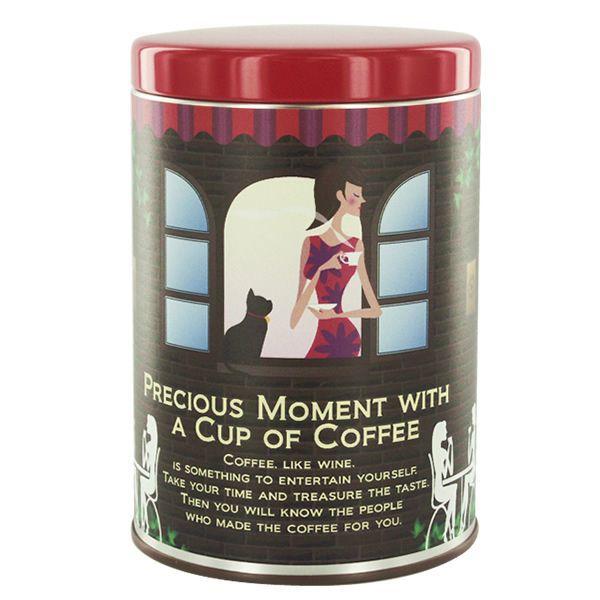 珈琲問屋 オリジナル缶 【Precious Moment（赤)】シッカリとした密閉度が売りです！当店の焙煎したて珈琲は、是非この缶で保存を！缶サイズ：直径95mm×高さ138mm（コーヒー豆で約２９０ｇ入ります）