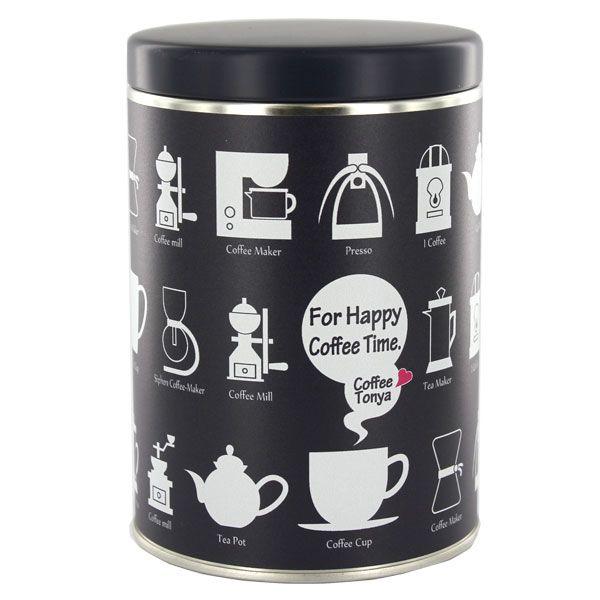 珈琲問屋 オリジナル缶 【For Happy CoffeeTime（ネイビー）】シッカリとした密閉度が売りです！当店の焙煎したて珈琲は、是非この缶で保存を！缶サイズ：直径95mm×高さ138mm（コーヒー豆で約２９０ｇ入ります）
