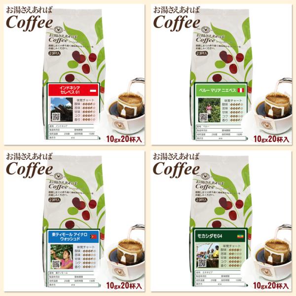 今月だけのおすすめコーヒー４銘柄をミディアムローストの粉にしてドリップバッグに詰め込みました。【今月のセット内容・４種×２０杯分（１杯あたり10g）】ペルー マリア ニエベス東ティモール アイナロ ウォッシュドインドネシア セレベス G1モ...