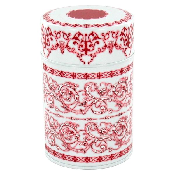 高級陶器のようなヨーロッパ調の模様をあしらった茶缶です。紅茶や中国茶、緑茶の保存にぜひどうぞ！こちらは鮮やかな赤色の茶缶となります。容量：約150g