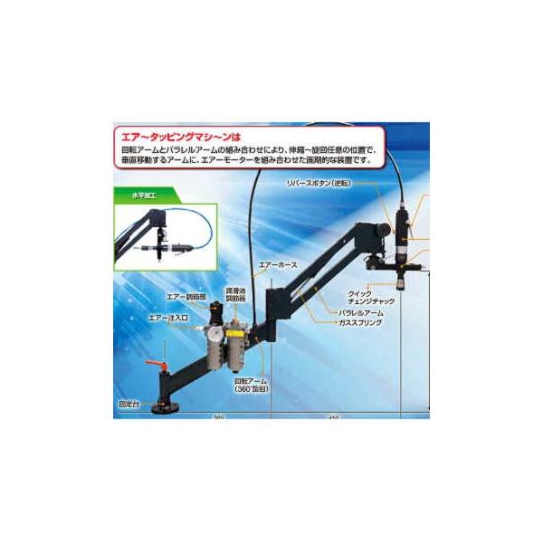 回転アームとパラレルアームの組み合わせにより、伸縮〜旋回任意の位置で、垂直移動するアームに、エアーモーターを組み合わせた画期的な装置です。特　長　と　用　途・　小物から大物加工物のタップ加工の際、加工物を動かさない為底面にスリキズ等が入りま...